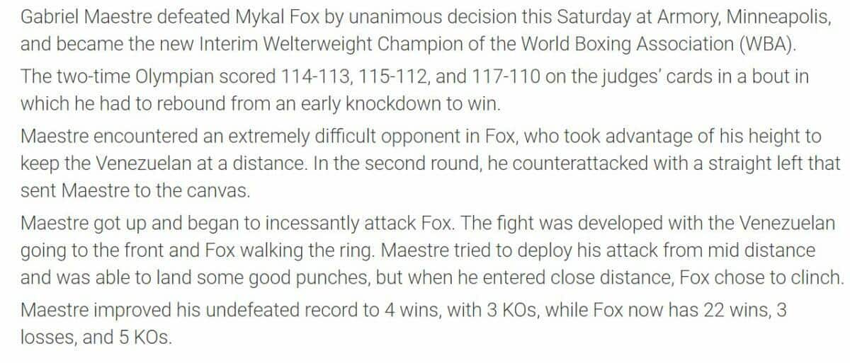 "He chose to clinch" - WBA's shock Mykal Fox vs. Gabriel Maestre report