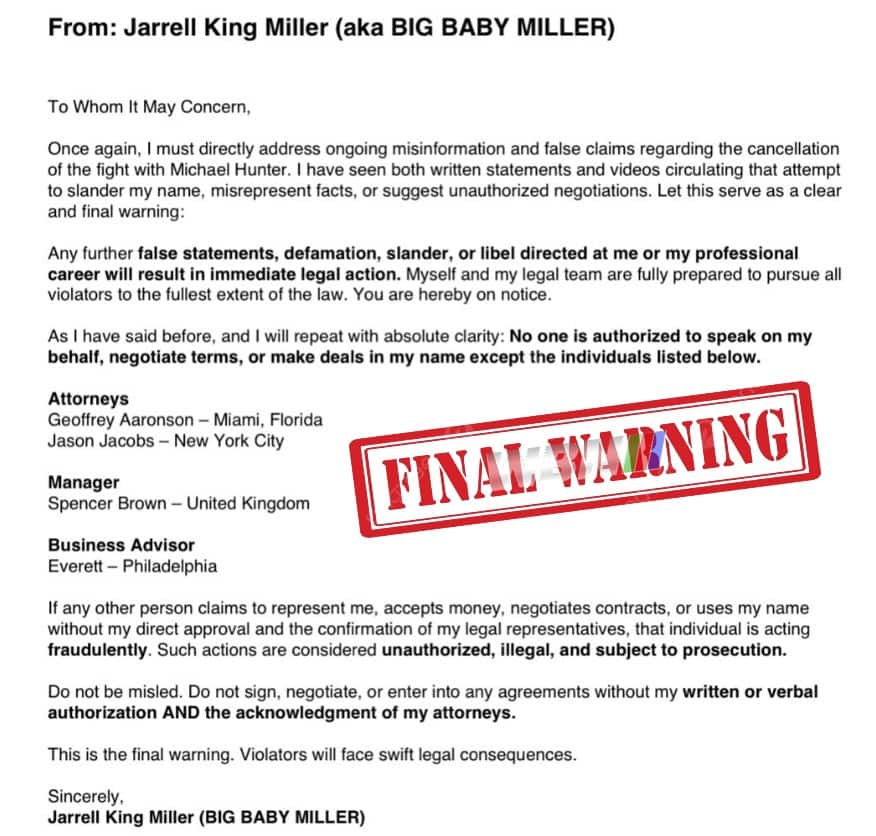 Jarrell Miller fires slander final warning with 'lawyers on deck'